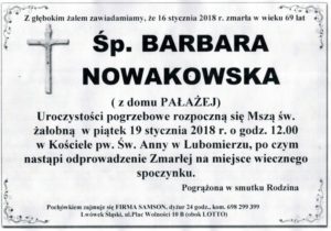 Ś.P. Barbara Nowakowska 16.01.2018r. Lwówek Śląski, Lubomierz | Zakład ...